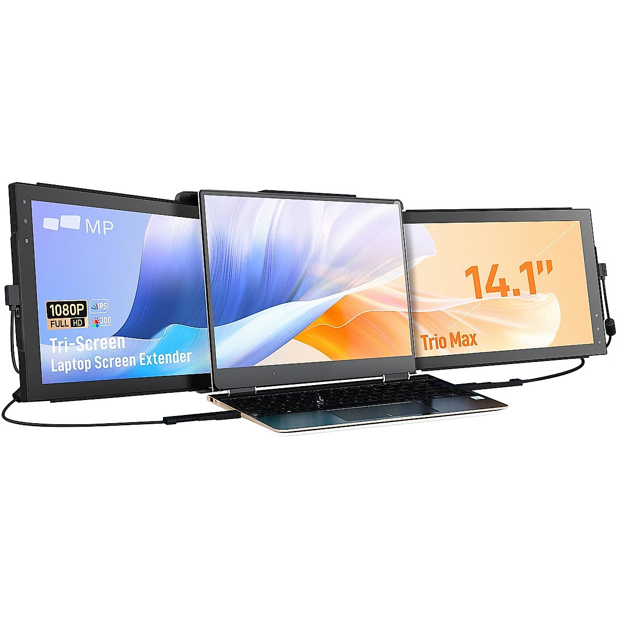 Trio Max Mobile Pixels Tri-Screen Laptop Monitor, 14'' Full HD IPS Dual Triple Monitor for laptops, USB C/USB A Portable Screen,Windows/Mac/OS/Android/Switch Compatible (2X Monitor and 1x Kickstand)