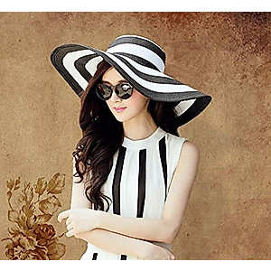 Women's Beachwear Sun Hat Black and White Striped Straw Hat Floppy Beach Hat Foldable Wide Brim Cap