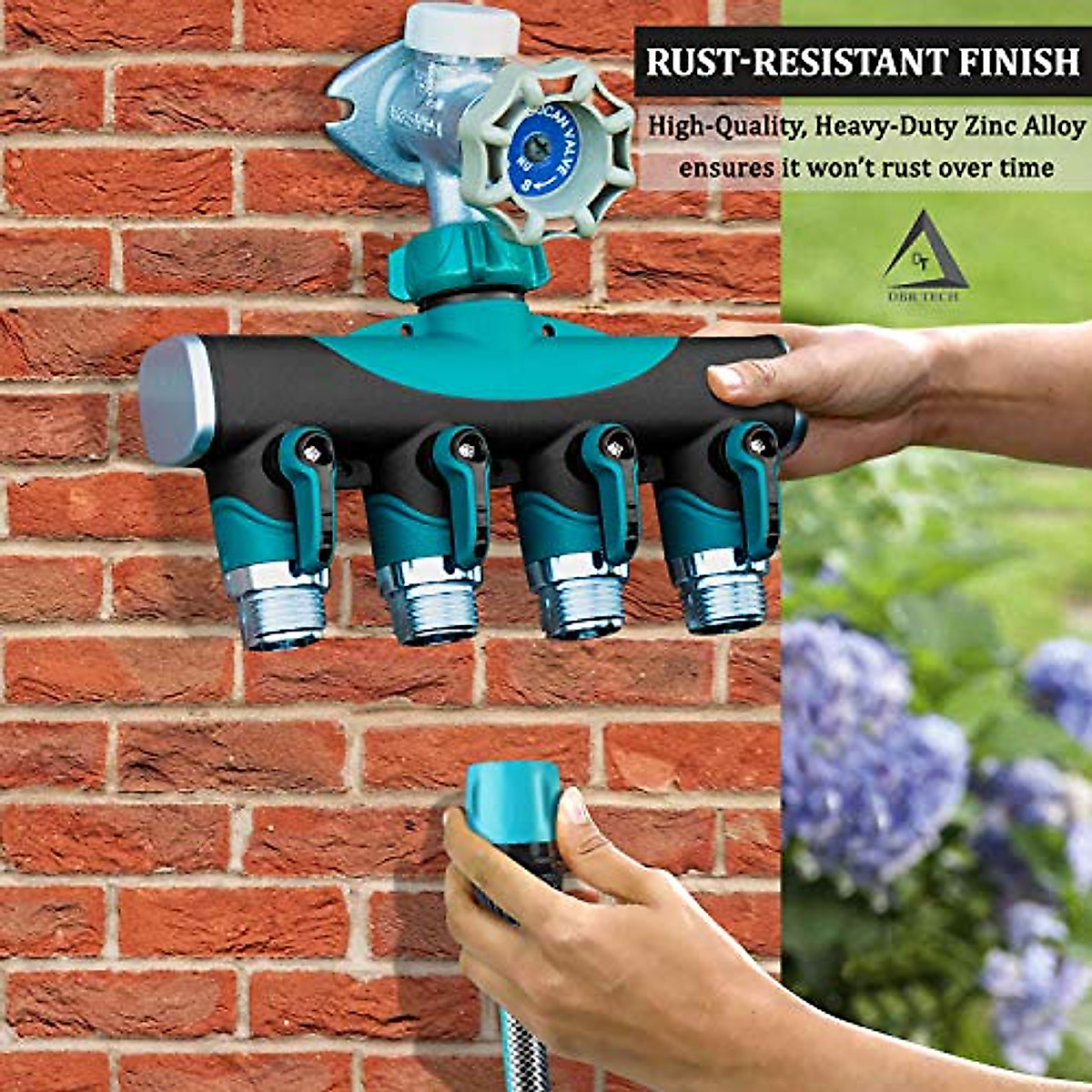 DBR Tech 4 Way Garden Hose Splitter for Outdoor Lawn and Gardening Hoses, Heavy Duty Metal Faucet Attachment, Leak Resistant Threading with Shut Off Valves, Four Way Spigot Adapter Full Flow, Green