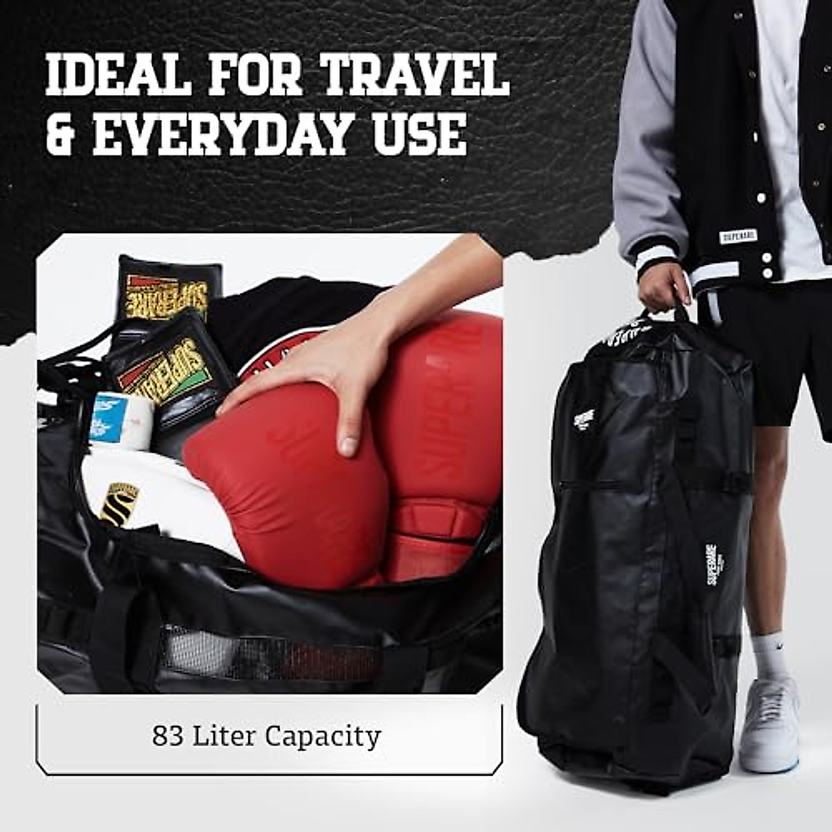 Superare Enorme Gear Bag – Versatile Gym Bag, Backpack Duffle Bag Combo, Ideal Boxing Duffle Bag or Duffle Bag for Men with Ventilation and Moisture-Resistant Fabric - Black