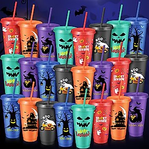 Umigy 24 Pcs Halloween Cups Halloween Plastic Party Cups 24 oz 6 Styles Halloween Reusable Cups with Lids and Straws in 6 Colors 6 Themes Plastic Tumblers for Halloween Party Decor Supplies(Ghost)
