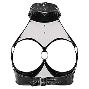 Loloda Women's Sexy PVC Leather Mini Bra Top Exposed Breasts Nipples Bra Latex Sleeveles Vest Tops Black Medium