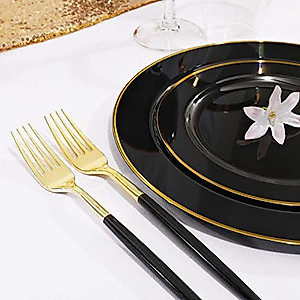 WELLIFE 120 PCS Black Plastic Plates with Gold Rim, Gold Disposable Cutlery with Black Handle, Black Plastic Dinnerware, Includes 24 Dinner Plates, 24 Dessert Plates, 96 Black Gold Cutlery