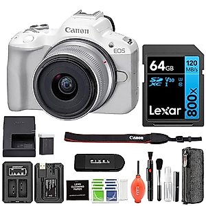 Canon EOS R50 Mirrorless Camera with 18-45MM Lens Kit (White) with Advanced Accessory and Travel Bundle | 5812C012 | canon eos r50