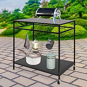 Outdoor Grill Cart, Stainless Steel Double-Shelf Movable Dining Cart Outdoor BBQ Food Preparation Table Kitchen Picnic Worktable for Backyard Grilling, BBQ, Party (Black)