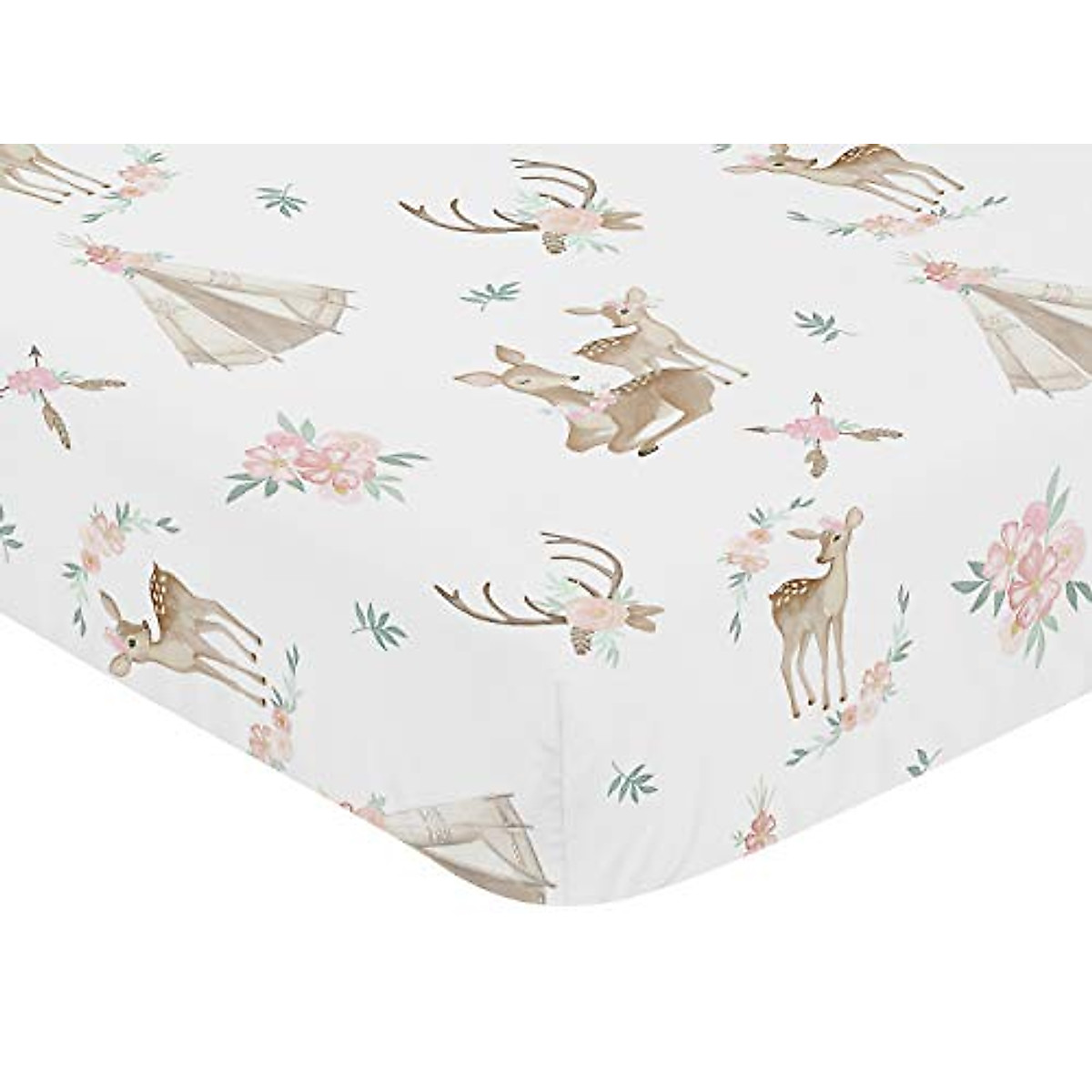 Sweet Jojo Designs Blush Pink, Mint Green and White Boho Baby or Toddler Fitted Crib Sheet for Woodland Deer Floral Collection
