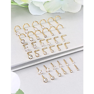 Vsnnsns 18G Nose Rings for Women 316L Surgical Stainless Steel L Shaped Nose Studs Screw Bone Nose Rings Piercings 18 Gauge Nostril Piercing Diamond CZ 1.5mm 2mm 2.5mm 3mm 3.5mm 4mm Gold