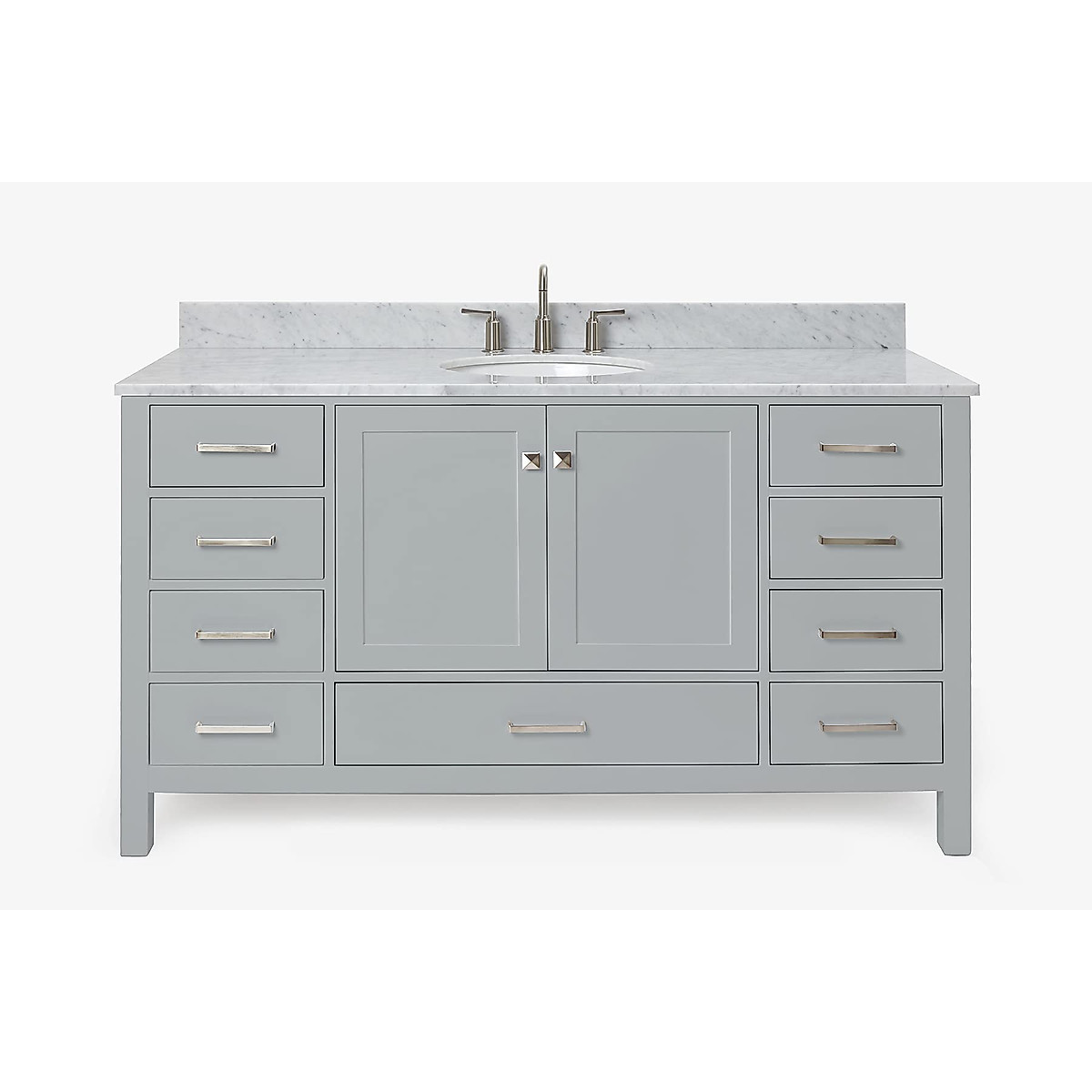 ARIEL 61" Grey Bathroom Vanity with Italian Carrara Marble Countertop & Backsplash, Center Oval Sink, 2 Soft Closing Doors, 9 Full Extension Dovetail Drawers, Brushed Nickel