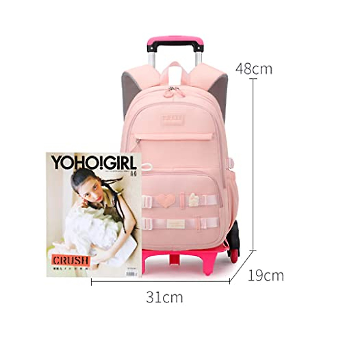 MITOWERMI Girls Rolling Backpack for School Boys Wheeled Backpacks for Women Kids Trolley Bags Pink Roller Bookbag for Elementary Middle Students