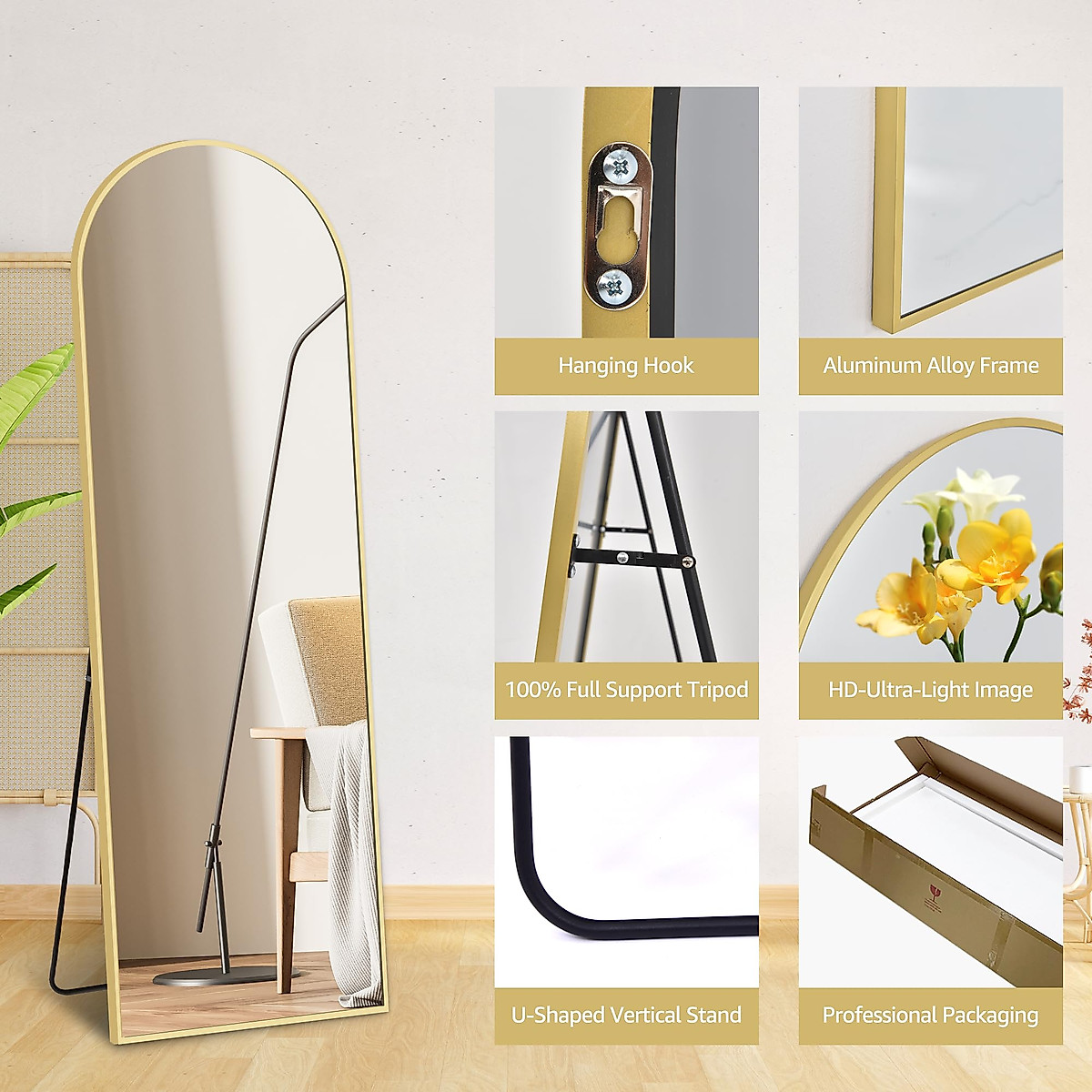 NISHCON Arched Full Length Mirror 64"x21", Gold Frame Floor Mirror with Stand, Free Standing Wall Mounted Leaning Mirror, Full Body Mirror for Bedroom Living Room Vanity Entryway Dressing