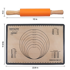 Rolling Pin and Silicone Baking Mat Combo Set, Solid Wood Handle Rolling Pin 15 inch & Nonstick Oven Liner Countertop Mat for Making Pie Crust Cookie Pizza and Pasta Dough