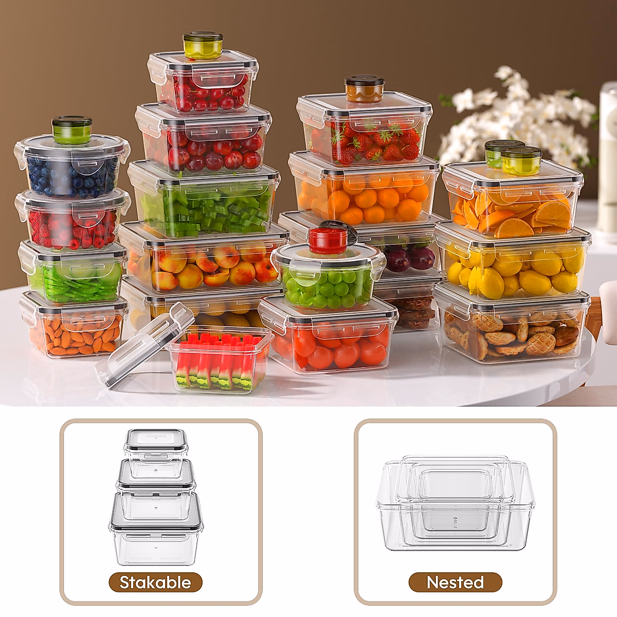 KEMETHY 50 PCS Food Storage Containers with Lids Airtight, Extra Large to Small Containers-Total 581.2oz, Kitchen Organization, Stackable, BPA-Free, Leak-Proof, Labels & Marker Pen