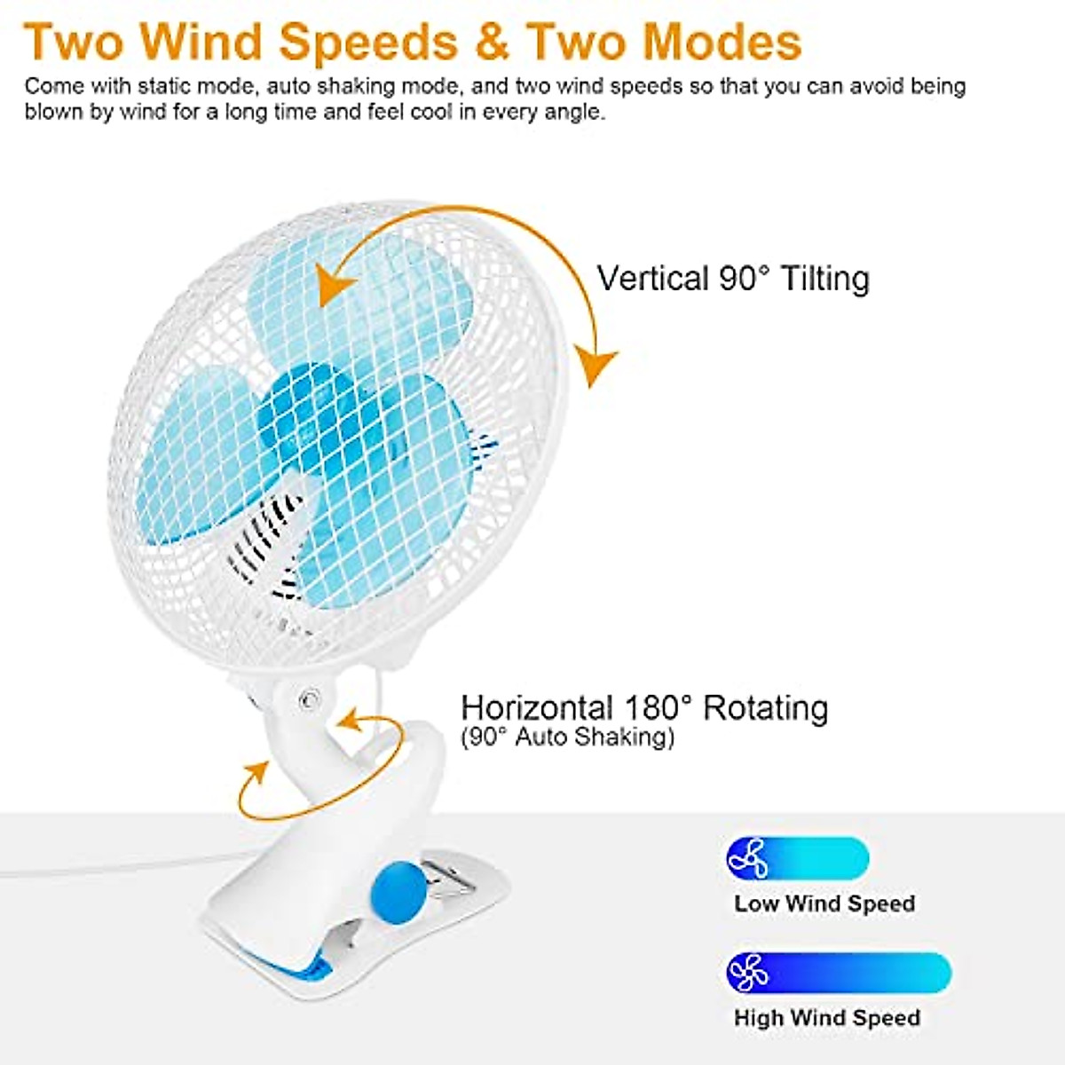KOCASO Oscillating Clip on Fan,8.6" Portable Quiet Fan w/2 Speed Fan w/Sturdy Clamp,Adjustable Tilt 90° Automatic Rotation Personal Desk Fan for Office Table Bedroom Kitchen w/ 3.94FT Cord-US Spot