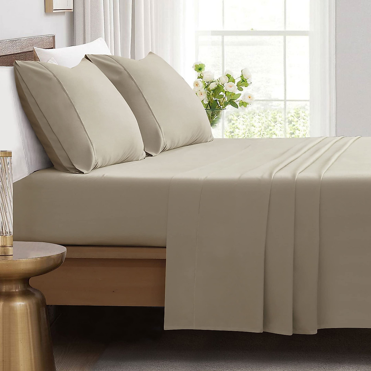 IR Imperial Rooms Beige Full Size Bed Sheets - 4 Pcs Luxury Sheets & Pillowcases for Spa, Hotels, Guest Bedroom & Airbnbs - Brushed Microfiber Full Size Sheets