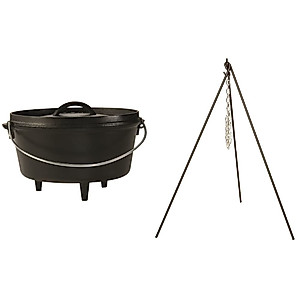 Lodge L10DCO3 Cast Iron Deep Camp Dutch Oven (5-Quart) and Lodge 3TP2 Camp Dutch Oven Tripod (43.5-Inch, Black)