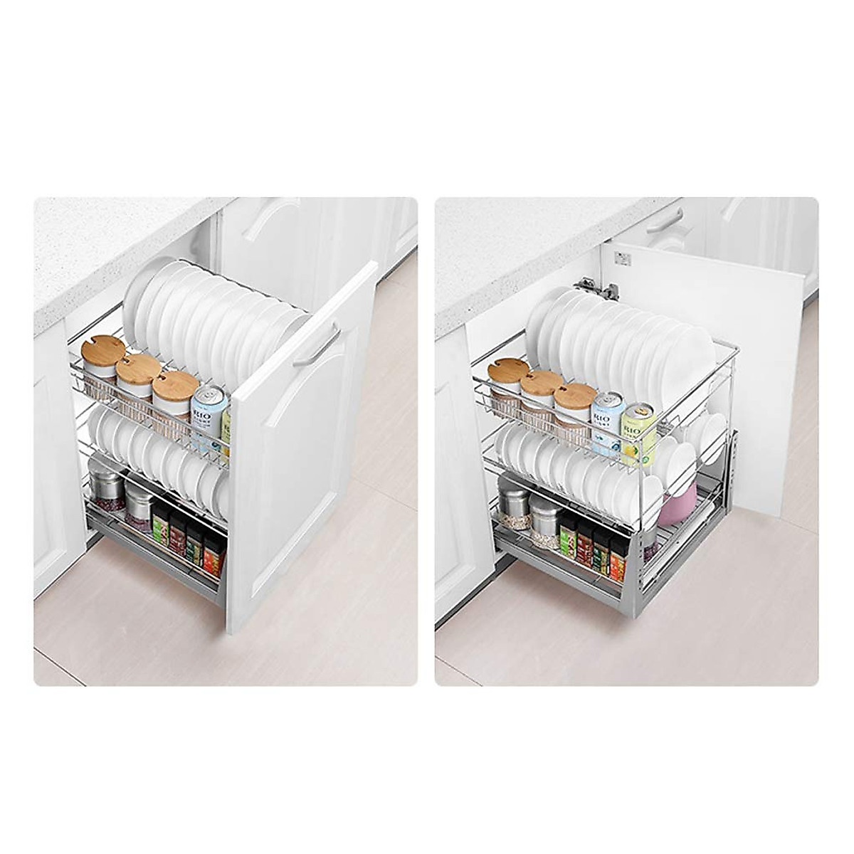 Dish rack Kitchen Sliding Cabinet, Professional Chromed Metal Slide Cabinet Pull Out Organizer Wire Storage Basket Drawer Kitchen Cabinets for Base Cabinets