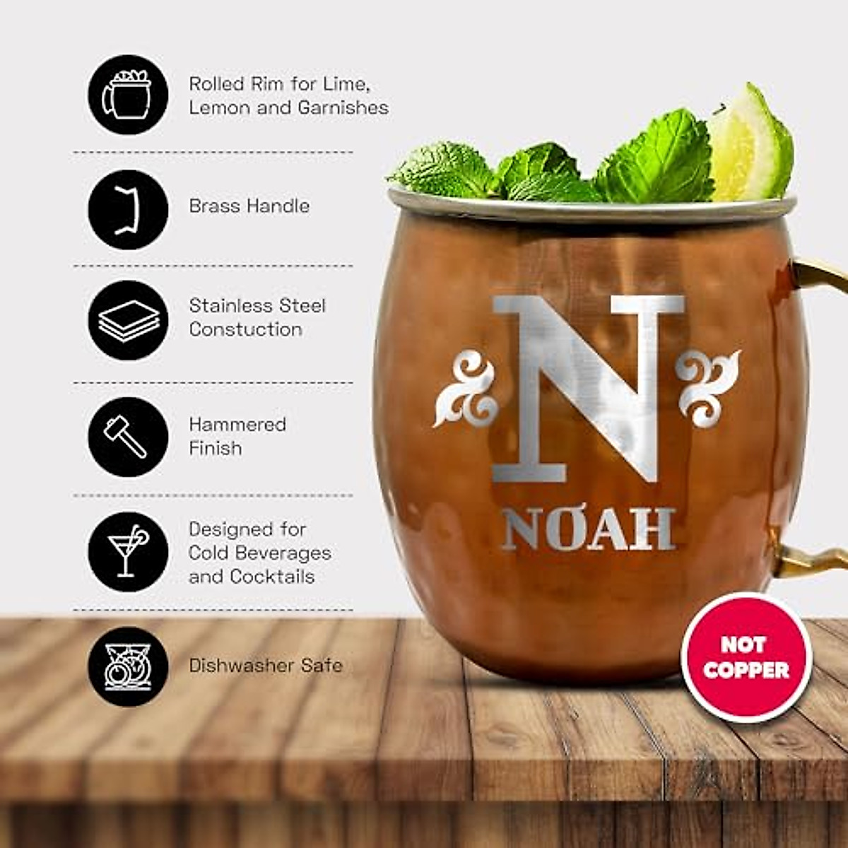 Personalized Custom Brown Mug Hammered Finish Moscow Mule with Brass Handle | Bold Monogram Engraved Bar Style Cup, 18 oz | Set of 4