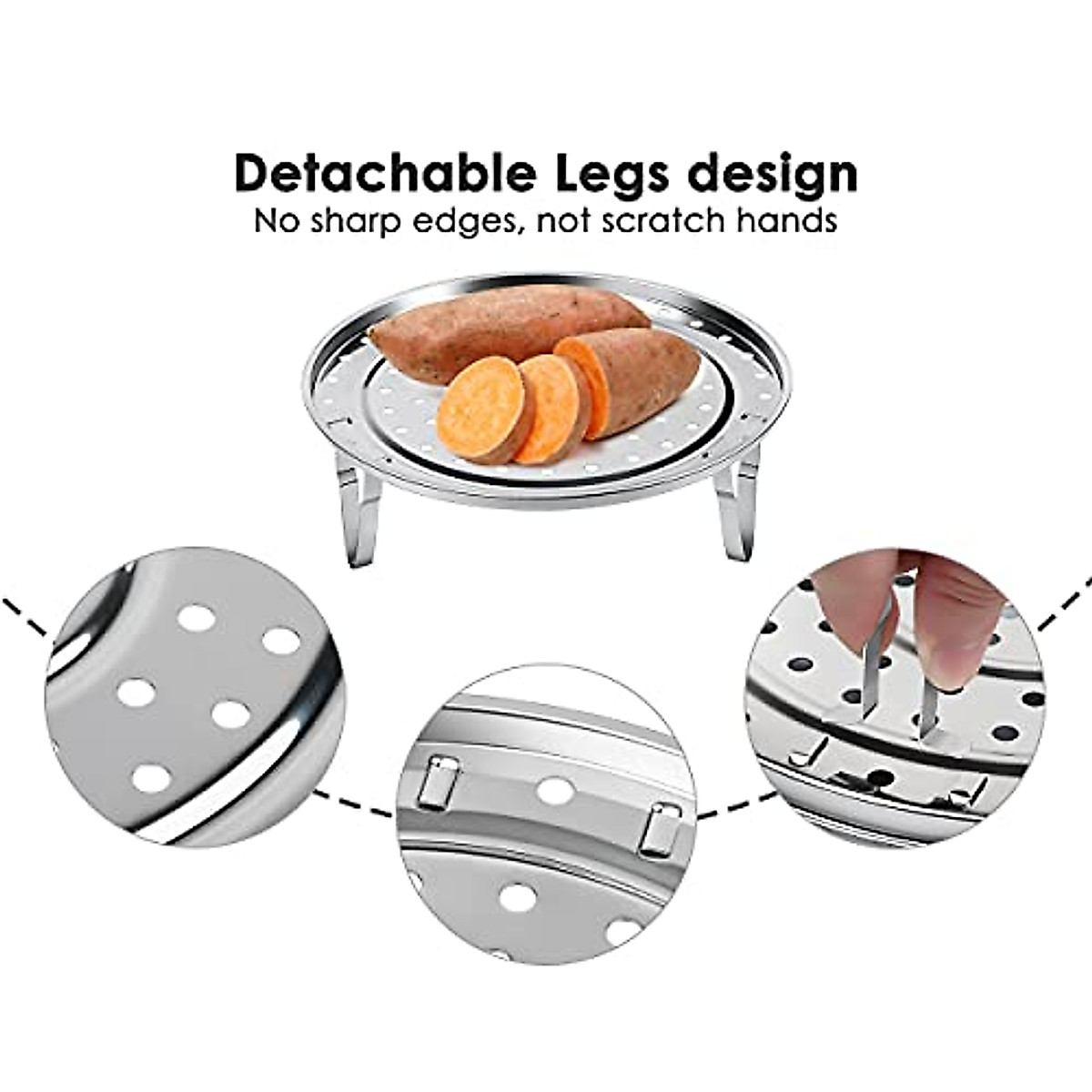 Steamer Rack 8.5 Inches 304 Stainless Steel Steaming Rack Steam Tray with Removable Legs for Steamer Cookware Instant Pressure Cooker Multi-functional Steamer Basket
