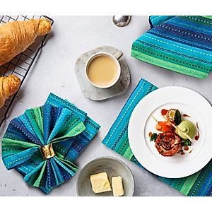 Hausattire Reusable Napkins Cloth Washable 100% Cotton Salsa Stripe 18x18 Inch Dinner Napkins|Table Napkins for Spring Easter Basket Decor|Set of 12 Cloth Napkins for Home Banquet Wedding |Teal Multi