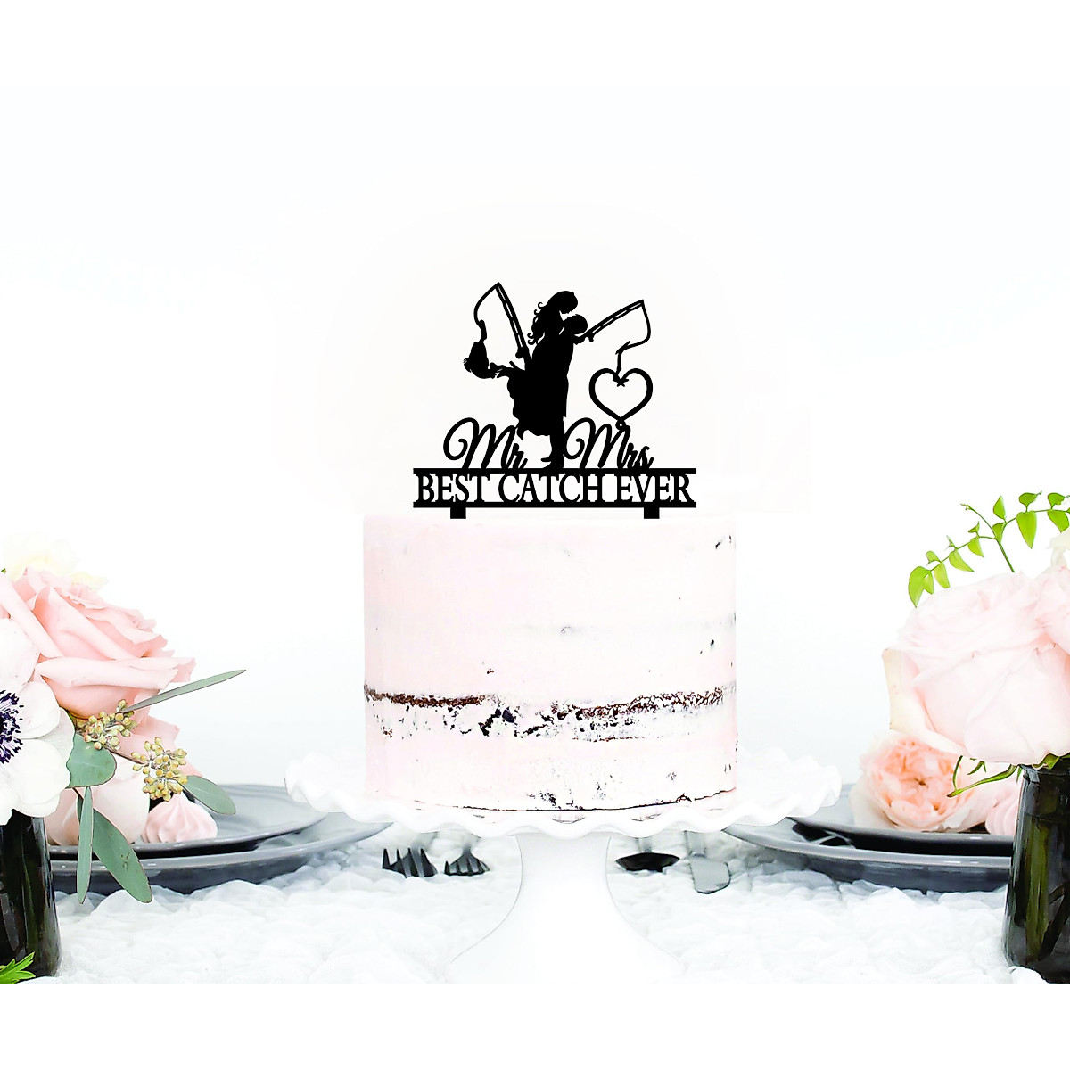 Funny Fishing Wedding Cake Topper - Best Catch Ever - Groom Hugging Bride Fishing Couple Cake Topper, Mr&Mrs Wedding Cake Topper (Fishing Couple)
