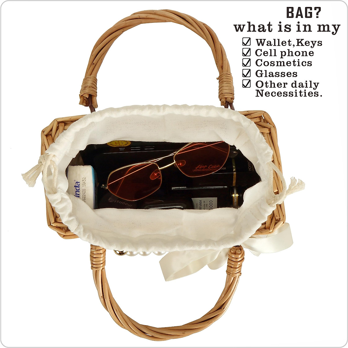 So'each Women's Handmade Rattan Wicker Artificial Pearl Shoulder Bag Beige