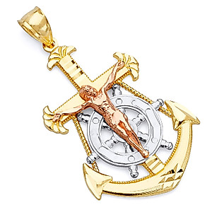 GoldenMine Fine Jewelry Collection 14k Tri Color Gold Jesus Crucifix Anchor Religious Charm Pendant