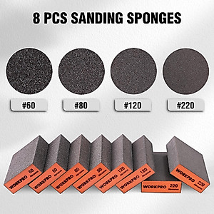 WORKPRO Sanding Sponge, 8 Pack Wet and Dry Dual-use Sanding Block, 60/80/120/220 Grit Assortment, Reusable Sandpaper Block for Wood, Metal, and Drywall