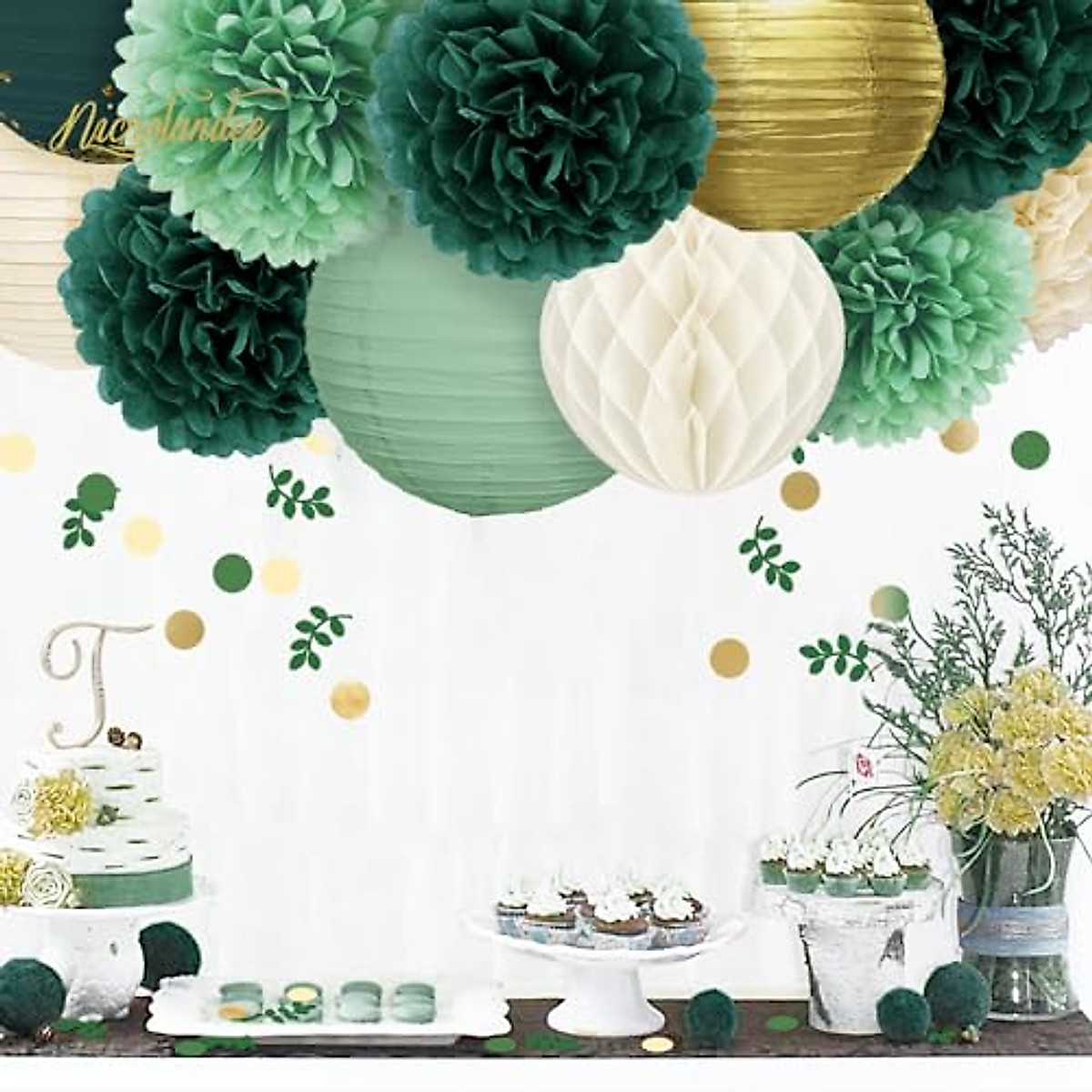 NICROLANDEE Wedding Party Decorations - 12PCS Emerald Green Hanging Tissue Pom Poms Gold Foil Dots Paper Lantern Confetti 30G for Rustic Style Bridal Shower Birthday Botanical Baby Shower Decorations