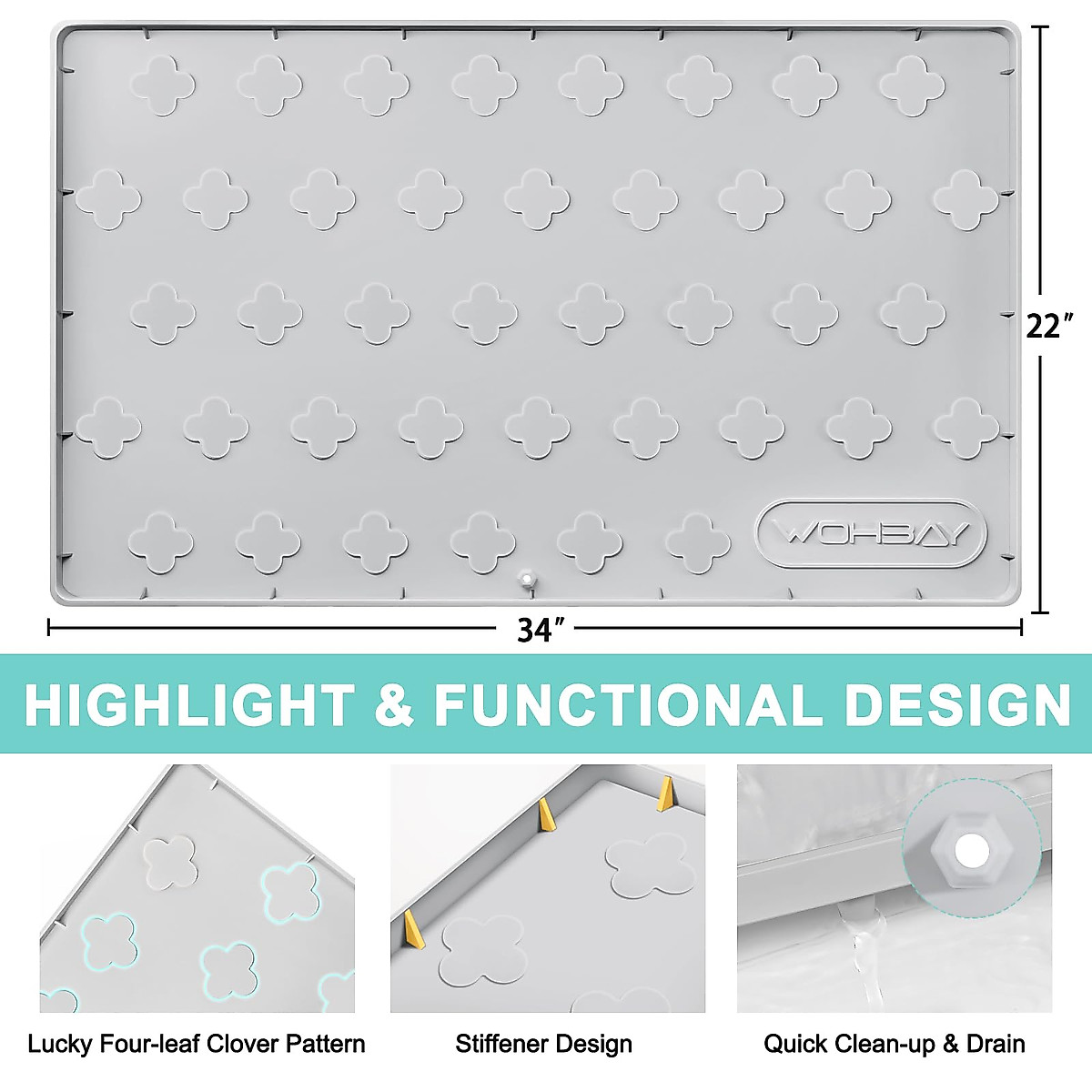 Under Sink Mats for Kitchen Waterproof,34" X 22" Silicone Under Sink Mat for Bottom of Kitchen Sink,Under Sink Drip Tray Liner for Kitchen Bathroom Cabinets Hold Up to 3.3 Callons Liquid - Light Grey