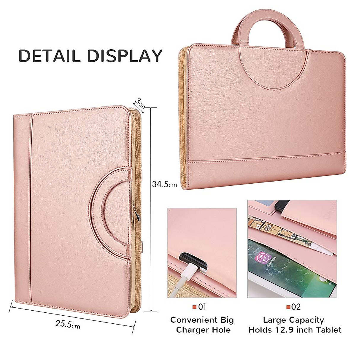 Darolin Zippered Leather Padfolio Portfolio with Hidden Handle and Clipboard, Business Conference Organizer Notepad Folder, Portfolio Bag, Padfolio for Women/Men (Rosegold)