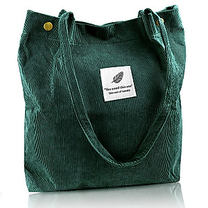 Corduroy Cute Bags for Women Shoulder Bag, Cloth Book Tote Corduroy Purse with Inner Pocket for Work Beach Lunch Travel and Shopping Grocery (Dark Green)