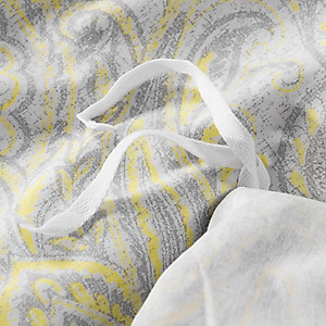 Cotton Sateen Printed Duvet Cover Set Queen 90" x 92" with 2 Pillow Shams 20" x 26" Double Sided, Yellow/Grey