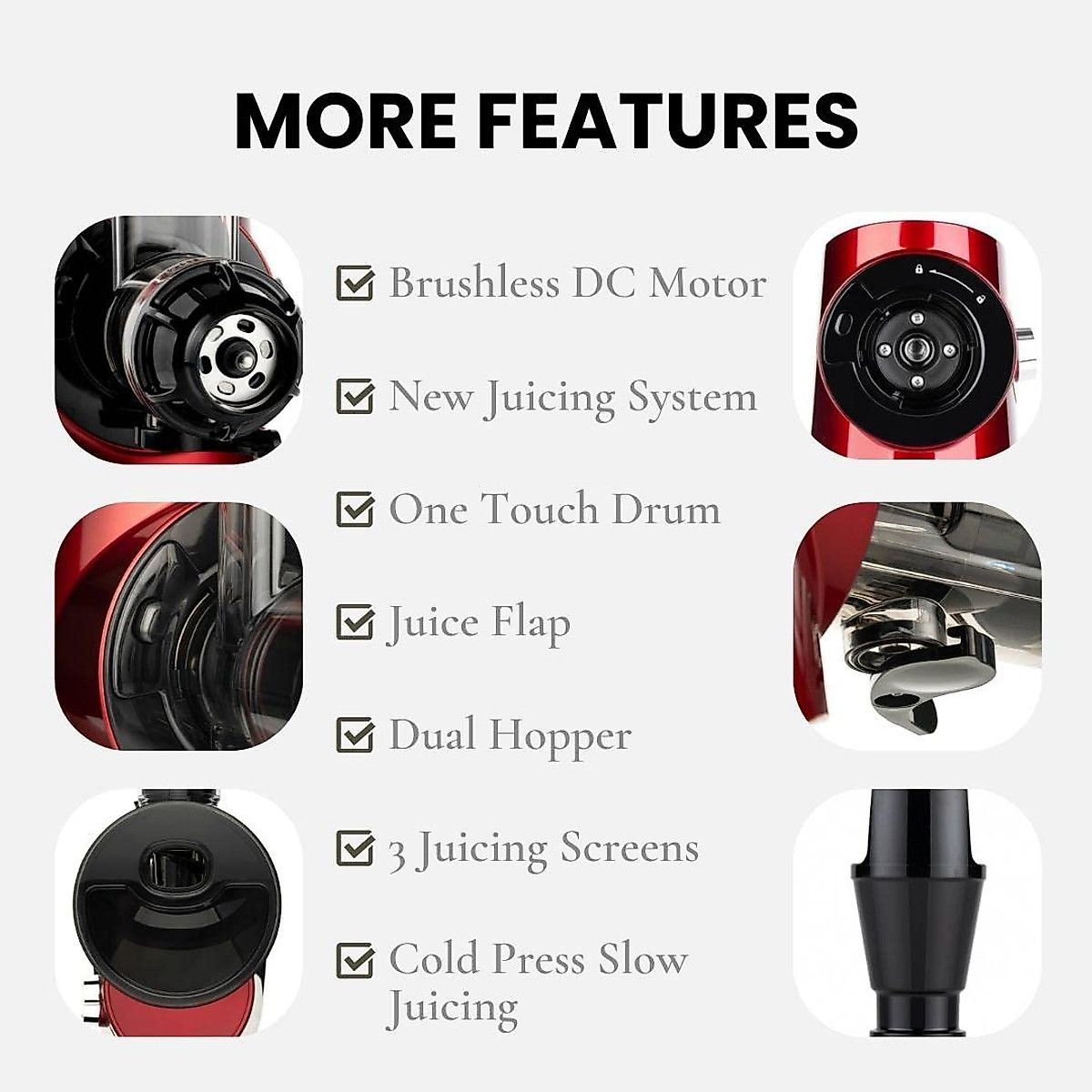 Sana 727 Supreme Cold Press Masticating Juicer | Large Batch | Non-Stop Juicing | 4 Speed Brushless DC Motor | 45-120 RPM’s | Easy clean 132 Page Recipe Book | 15 Year Warranty | Red