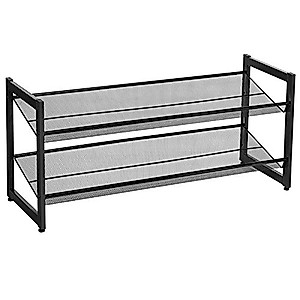 SONGMICS Shoe Rack, 2-Tier Stackable Shoe Storage Shelf, Flat or Angled Shoe Organizer, Metal Shoe Tower Stand for Closet Entryway, Black
