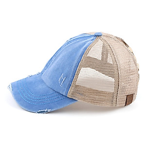 C.C Exclusives Washed Distressed Cotton Denim Criss-Cross Ponytail Hat Baseball Cap Bundle Hair Tie (BT-780)(BT-791) (A Elastic Band-Blue Moon)