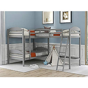 UBGO L Shape Three Bed Loft Bed, Bunk Bed Three Beds, Space Saving Design with Step Ladder and Safety Railing, Kid Teen Bedroom Dormitory Storage Corner Bunk Bed - Gray
