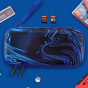 playvital Carrying Case for Nintendo Switch & Switch OLED, Portable Pouch Storage Handbag Travel Bag Protective Hard Case for Switch Console w/Thumb Grip Caps & 10 Game Card Slots - Blue Swirl