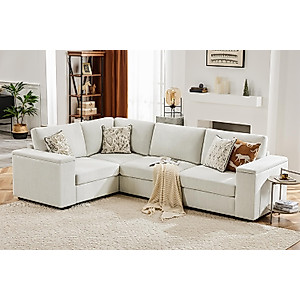 ABCASA 112" Modular Sectional Sofa Couch with Detachable Sofa Cover & Storage Armrest,L Shaped Couch for Living Room,Linen Fabric Corner Couch(5 Seater Sofa,Ivory)