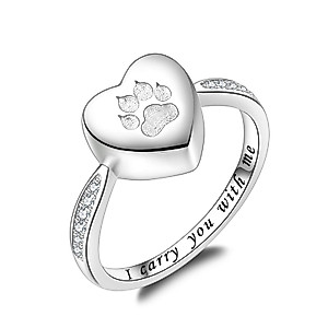 Fookduoduo 925 Sterling Silver Paw Print Urn for Ashes I Carry You with me Cremation Jewelry Dog Cat Claw Urn Finger Ring for Pet Lovers(Silver 7)