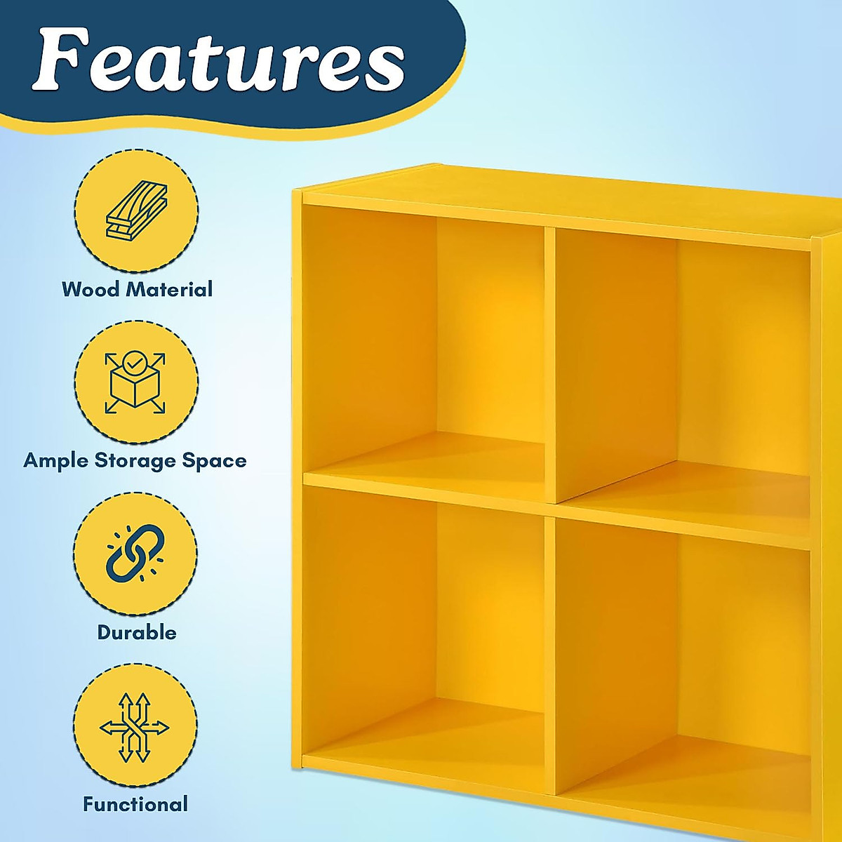 Kings Brand Furniture George Bookcase Cubby Storage Organizer - Square Shelves Cube Storage - 4 Cube Storage Organizer - Cube Organizer Wood Shelf for Bedroom - Nursery - School - Yellow Finish