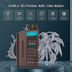 SUNLU 3D Printer Resin, 2000g ABS-Like High Toughness Resin for 4k/6k/8k LCD/DLP/SLA Resin 3D Printer, 405nm UV Curing 3D Printing Resin, Good Resistance, Non-Brittle & High Precision, Grey 2000g