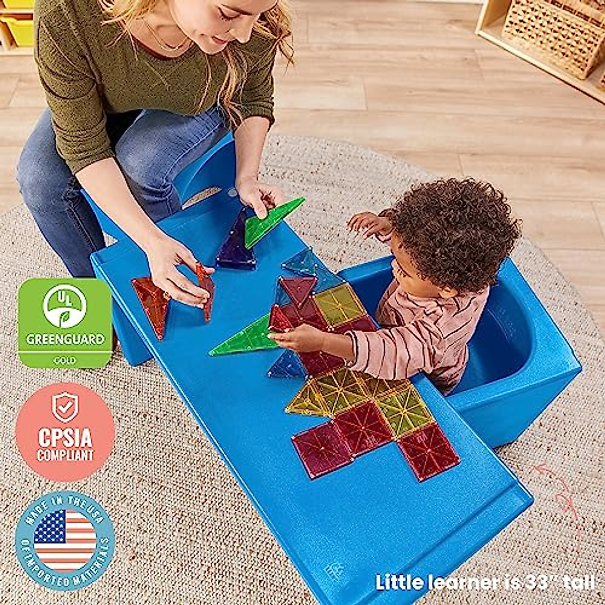 ECR4Kids Tri-Me Table and Cube Chair Set, Multipurpose Furniture, Blue, 3-Piece