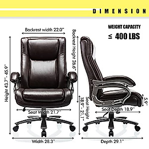 Big & Tall 400lb Office Chair - High Back Executive Computer Chair Heavy Duty Metal Base and Adjustable Tilt Angle Large Bonded Leather Desk Swivel Chair, Ergonomic Design for Lumbar Support (Brown)