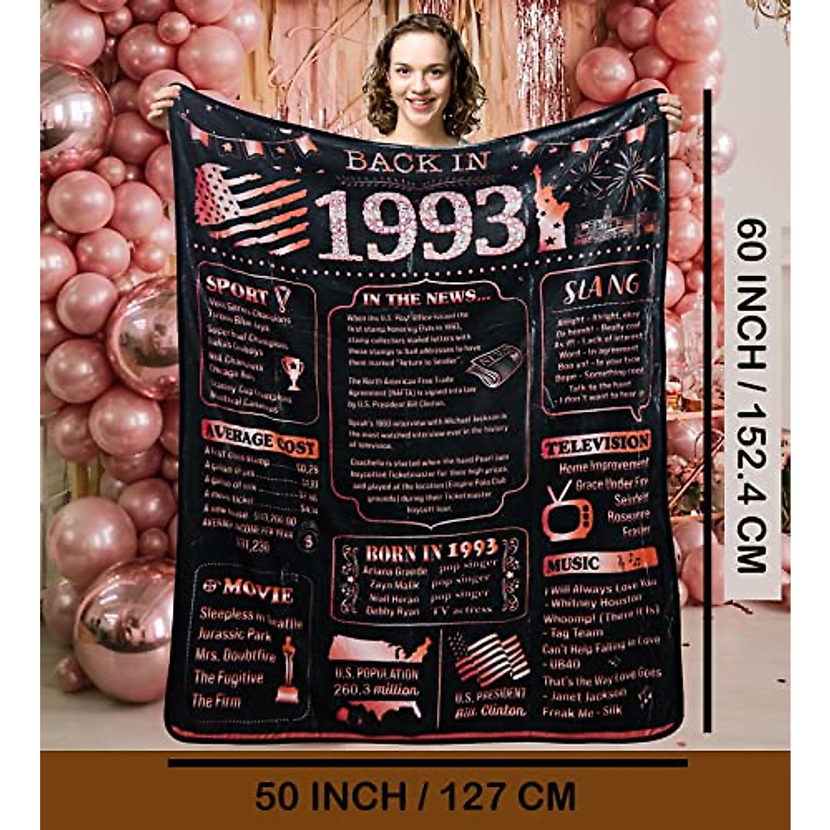 Henghere 30th Birthday Gifts for Women, 30th Birthday Gift for Friend, Mom, Sister, Wife, Aunt, Coworker, Happy 30 Year Old Birthday Decorations Women | Blanket for Bed Sofa 60x50 Inches, Rose Gold