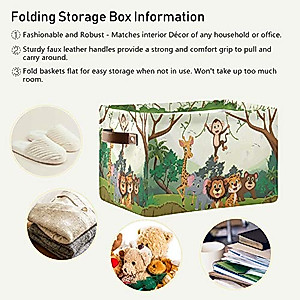 ALAZA Decorative Basket Rectangular Storage Bin, Animal Jungle Monkey Tiger Giraffe Lion Elephant Organizer Basket with Leather Handles for Home Office