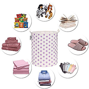 Sea Team 19.7 Inches Large Sized Waterproof Coating Ramie Cotton Fabric Folding Laundry Hamper Bucket Cylindric Burlap Canvas Storage Basket with Stylish Polka Dot Design (19.7", Purple)