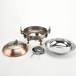 EdirFtra Round Copper hot Pot Set, Stainless Steel Buffet Set, Chinese Style hot Pot, with Food Plate, Aluminum Bracket, Cover and Fuel Bracket, 1L