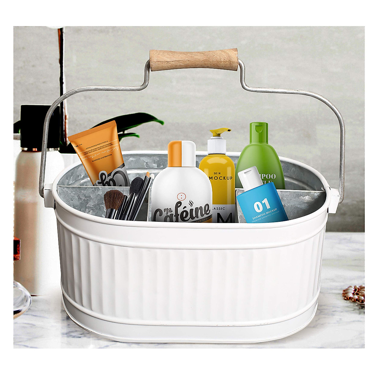 Utensil Caddy Carry-All Serveware - Galvanized Metal Organizer for Kitchen Counter - Comfortable Wooden Handle Indoor/Outdoor Storage For Flatware, Condiments, Party Cutlery, Arts - Gray/White