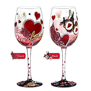 NymphFable Hand Painted Wine Glass Rose Heart Wine Glass for Her Wedding Anniversary Birthday Gift,15oz