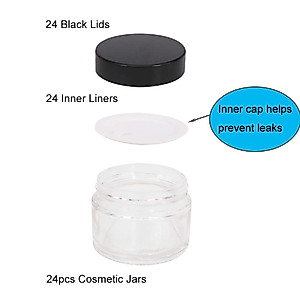 BPFY 24 Pack 2 oz Round Clear Glass Cosmetic Jars with Inner Liners and Black Lids, Travel Jars, Refillable Containers for Makeup, Cream, Lotion, Sugar Scrubs, Eye Shadow, Slime, Paint, Jewelry